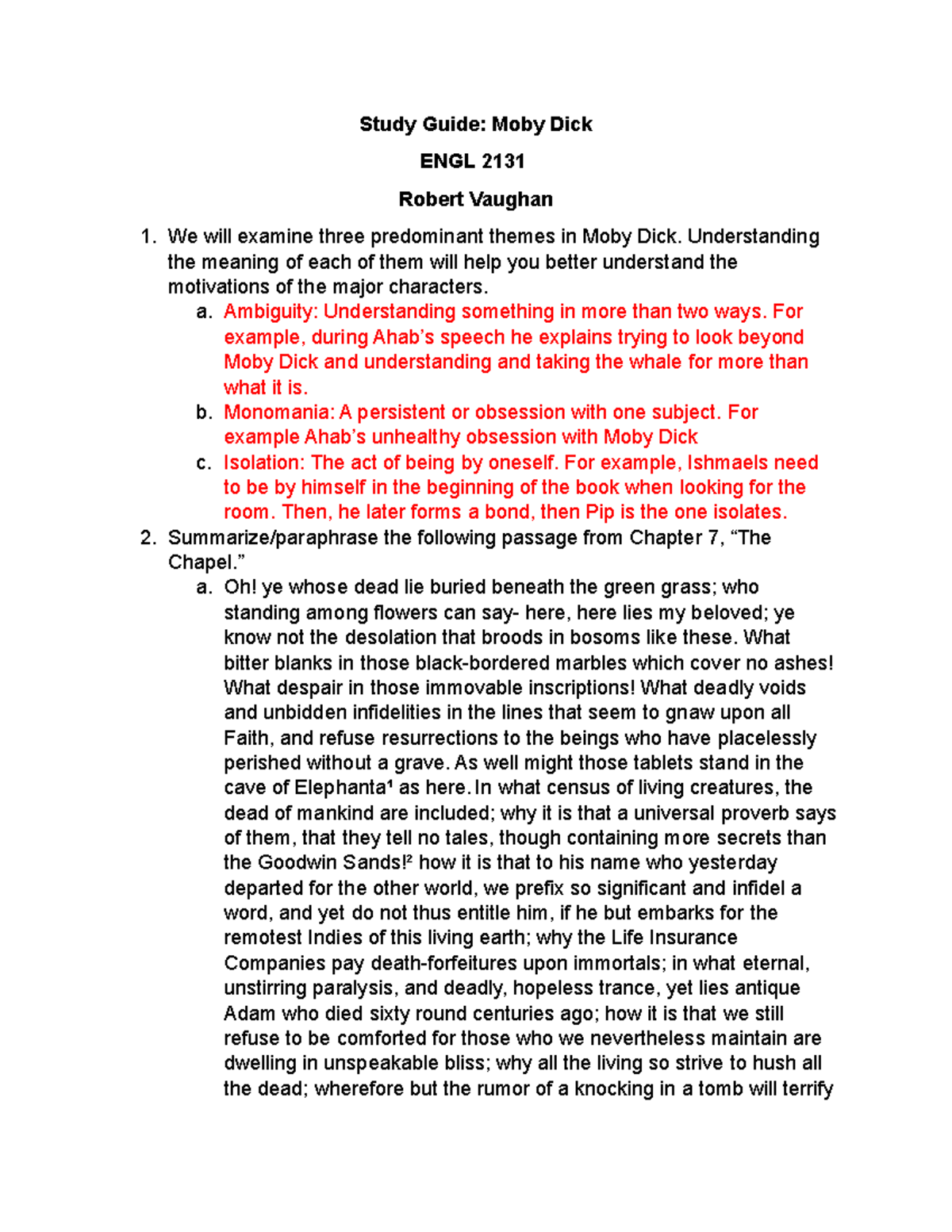 Moby Dick Study Guide - Study Guide: Moby Dick ENGL 2131 Robert Vaughan ...