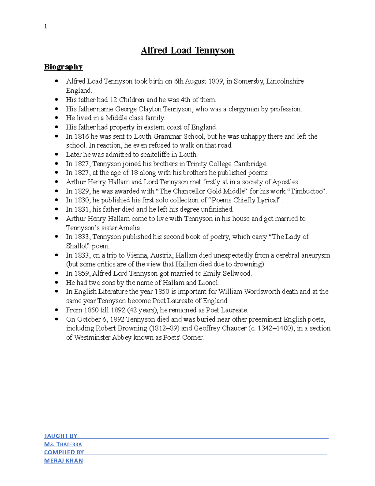 Modern and Contemporary Poets - Alfred Load Tennyson Biography Alfred ...