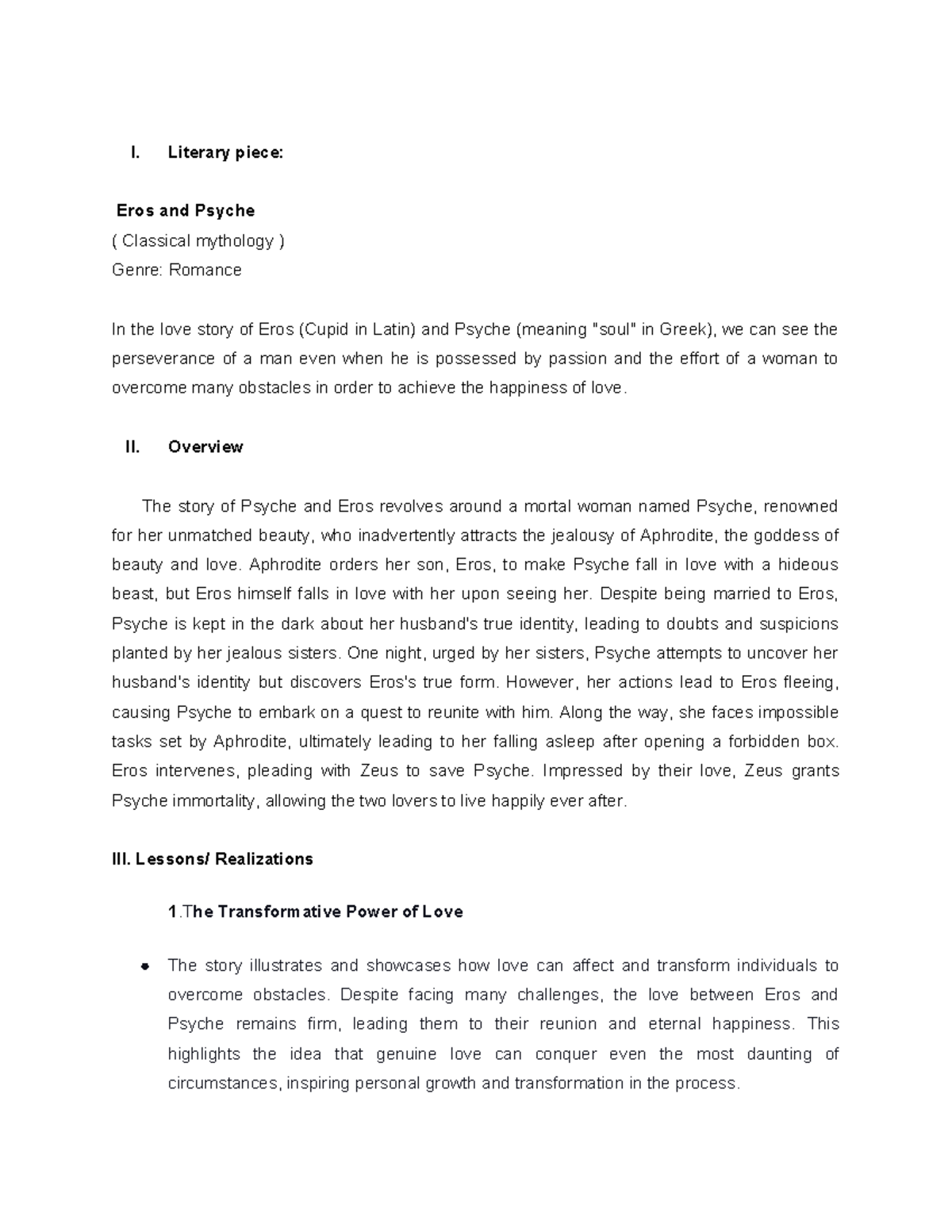 Draft- Literary Piece (EROS AND Psyche) - I. Literary piece: Eros and ...
