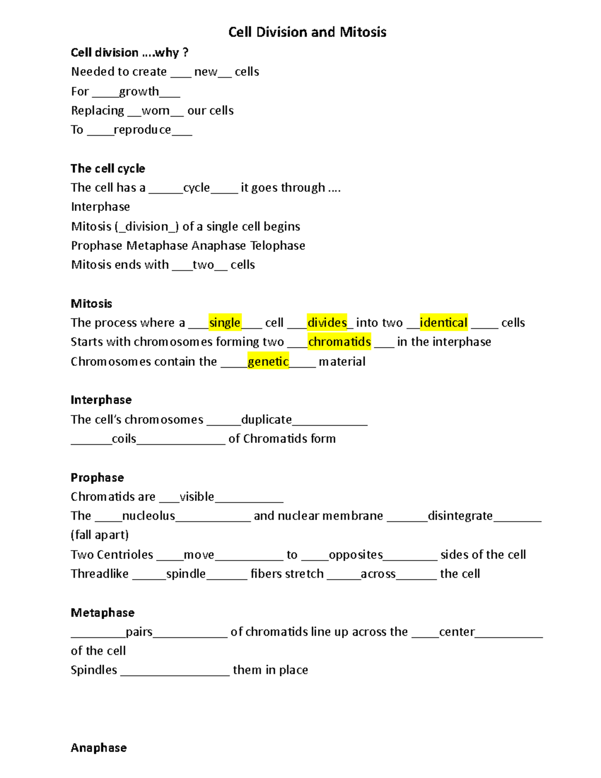 10 - We did these notes in class - Cell Division and Mitosis Cell ...