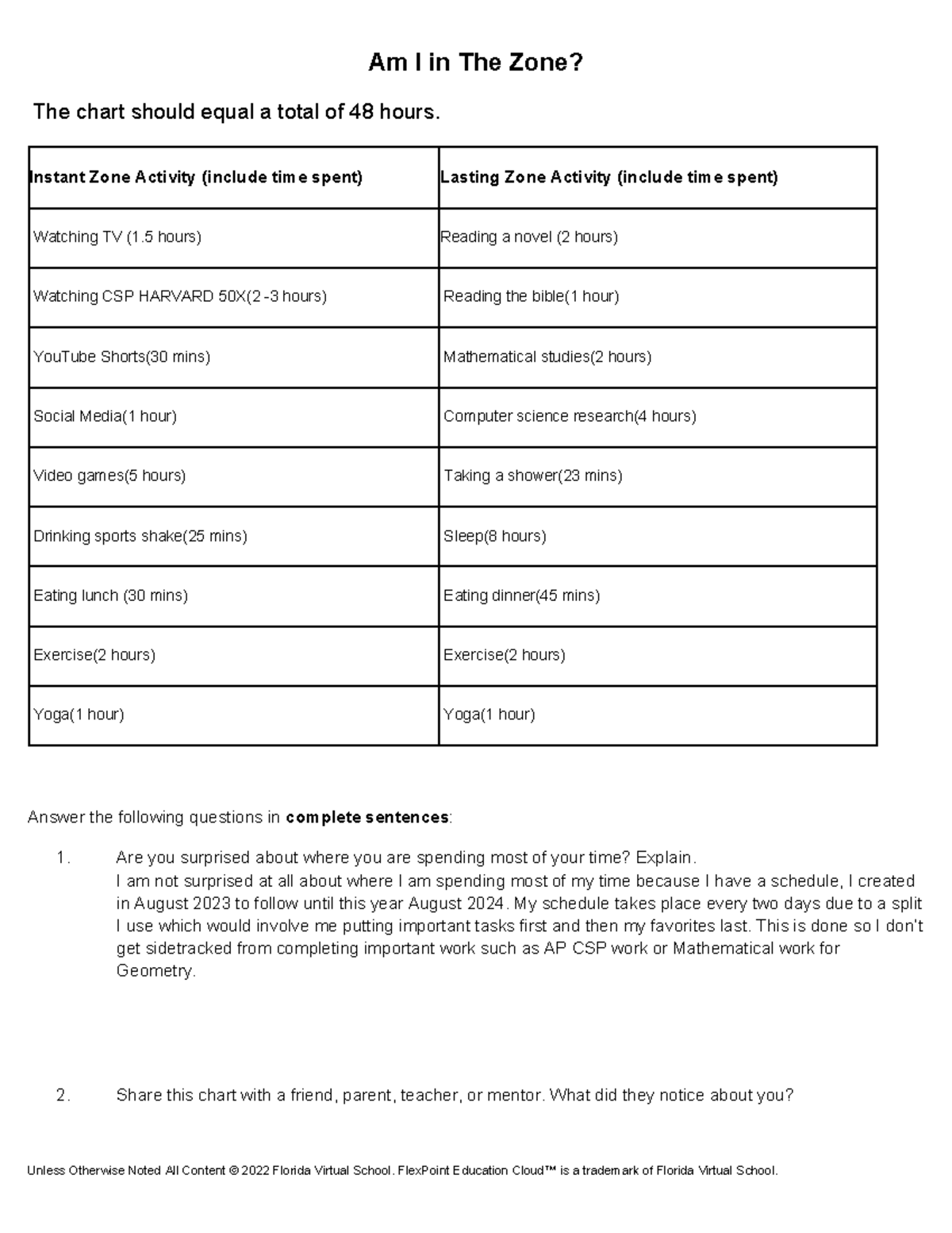 01 04 07a - 1.04 - Am I in The Zone? The chart should equal a total of ...