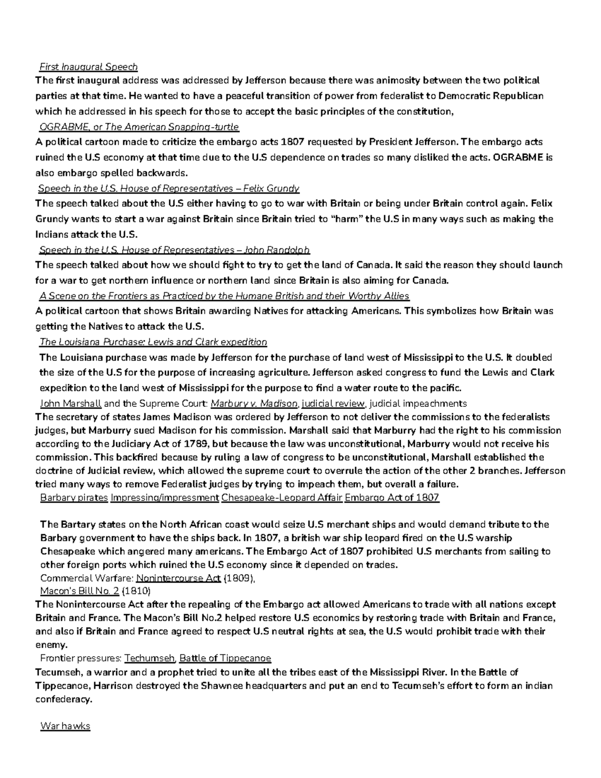 Lecture notes on U.S History between the timeline of 1800-1848 - First ...