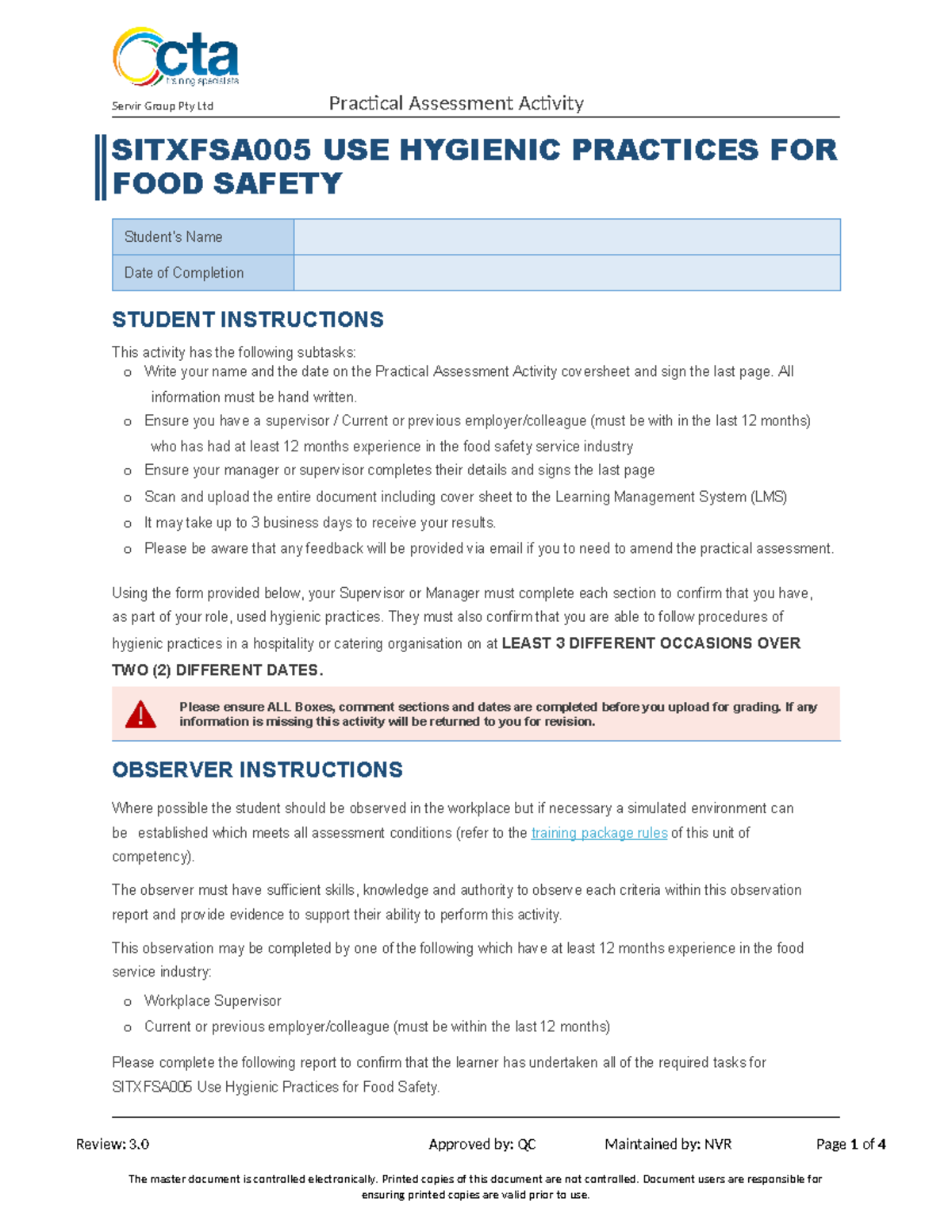 Practical Assessment - Level 1 - SITXFSA005 USE HYGIENIC PRACTICES FOR ...