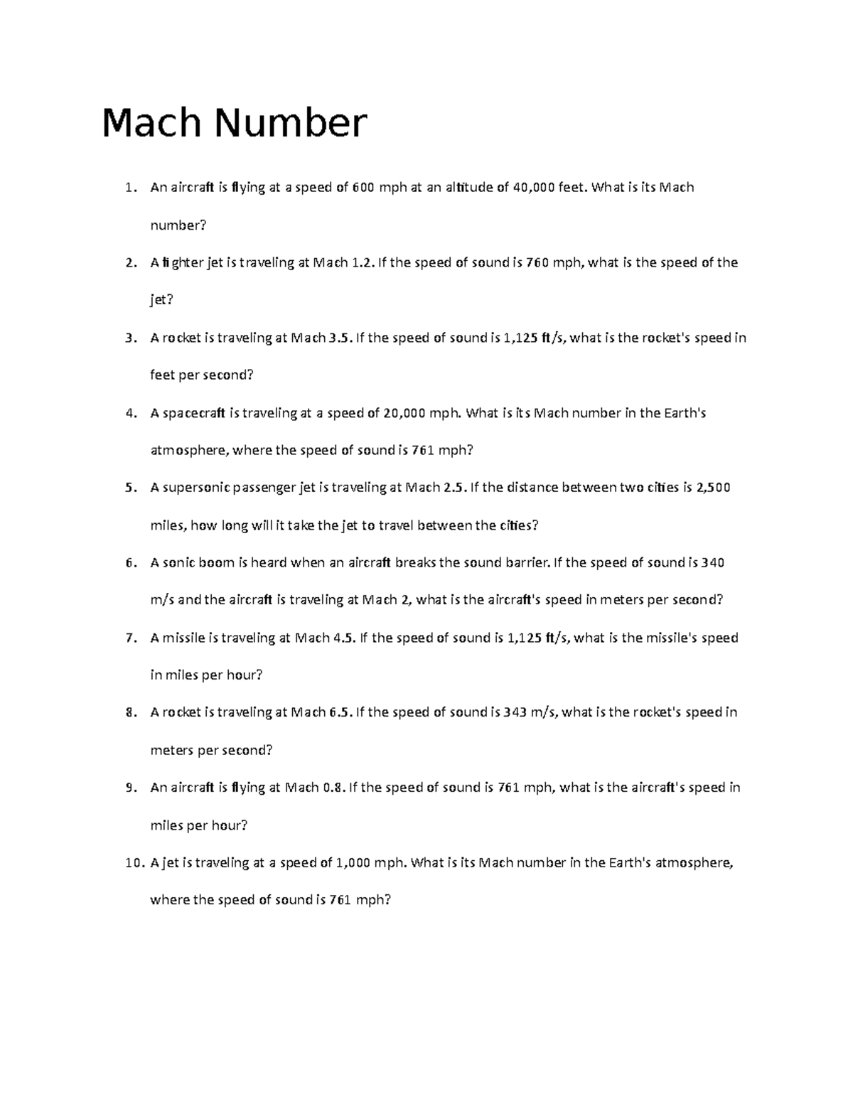 Mach Number - self-made worksheets for basic thermodynamics - Mach ...