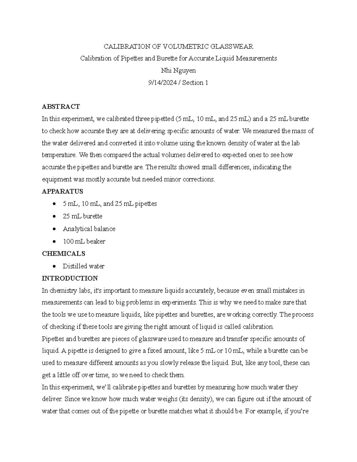 Chem 141 - Lab Report - Experiment 1 - CALIBRATION OF VOLUMETRIC ...
