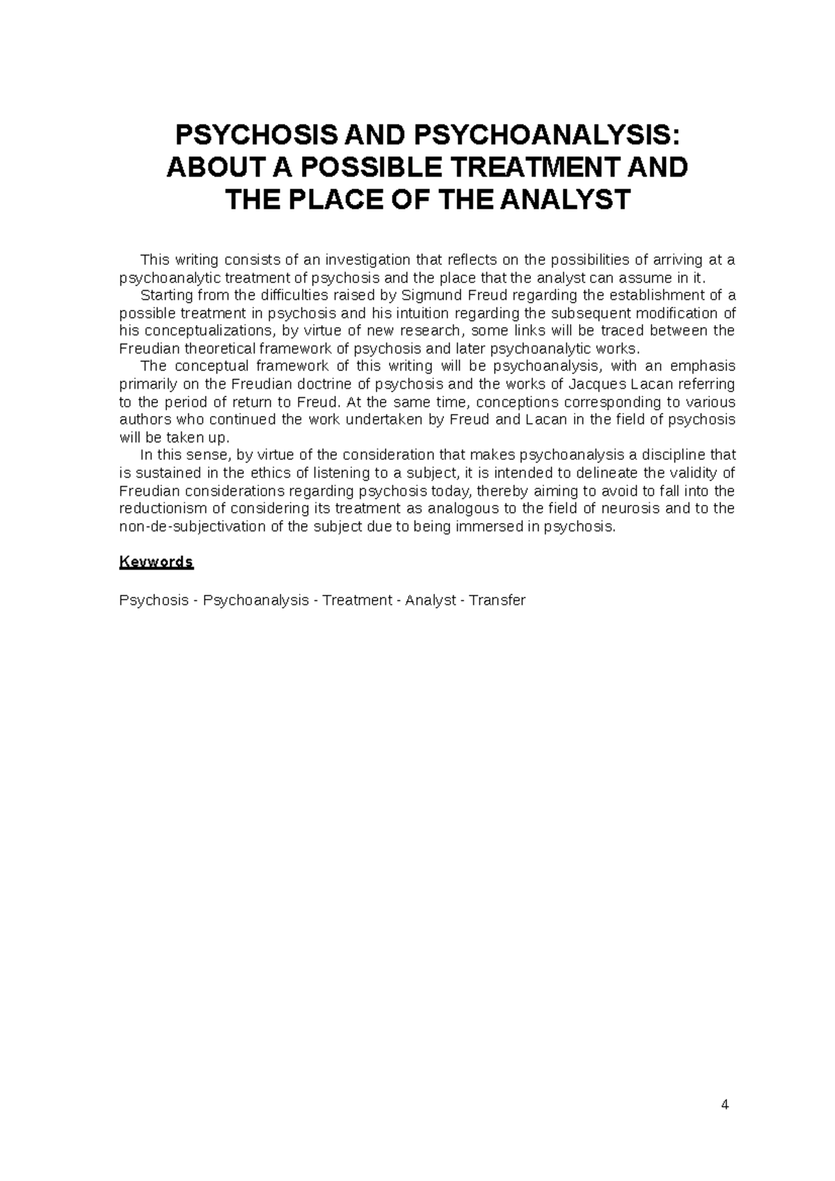 Psychosis AND Psychoanalysis About A Possible Treatment AND THE Place ...