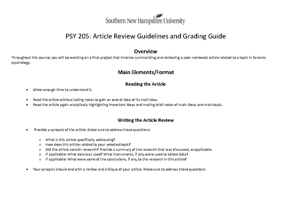 PSY 205 Article Review Guidelines and Rubric - Main Elements/Format ...