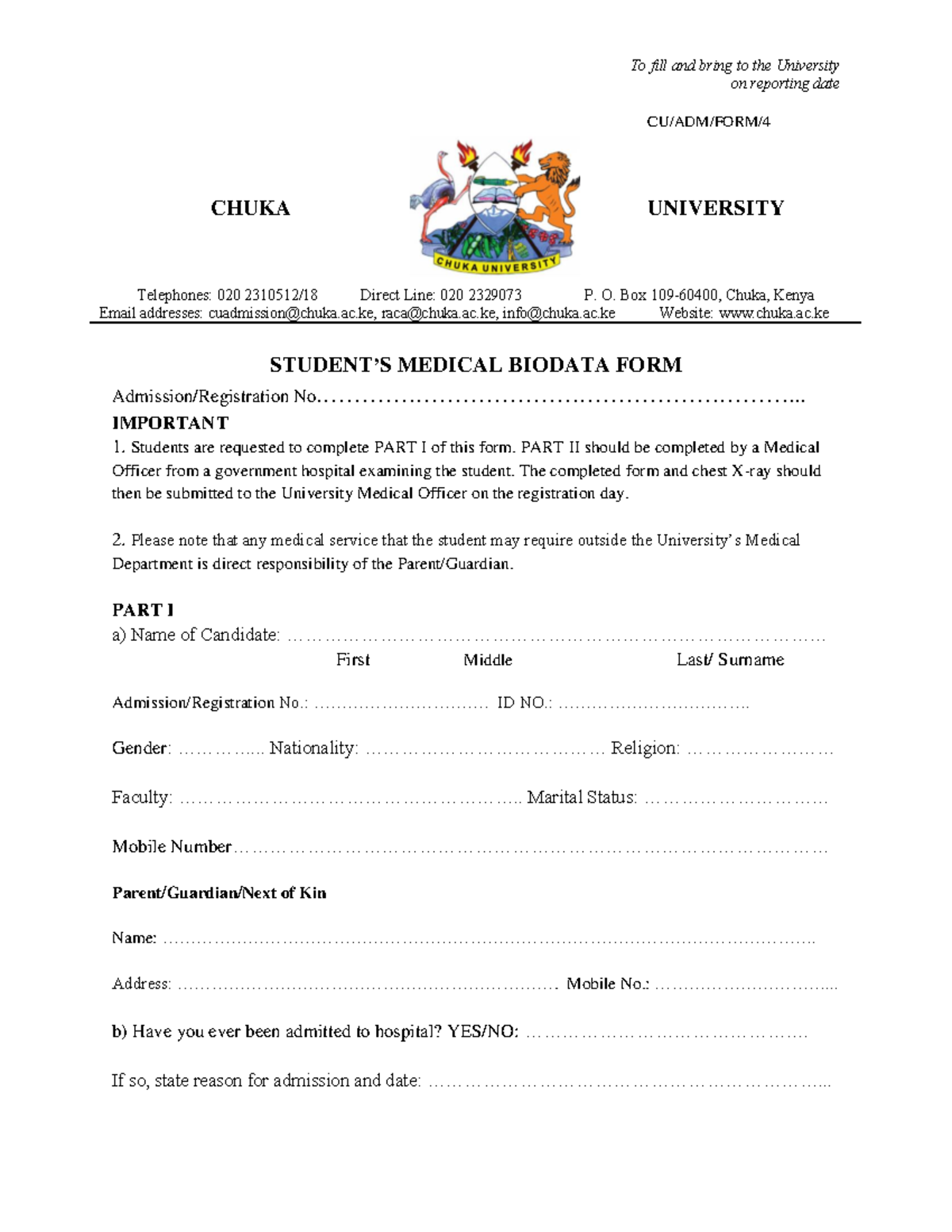 8. Medical-biodata-form - To fill and bring to the University on ...