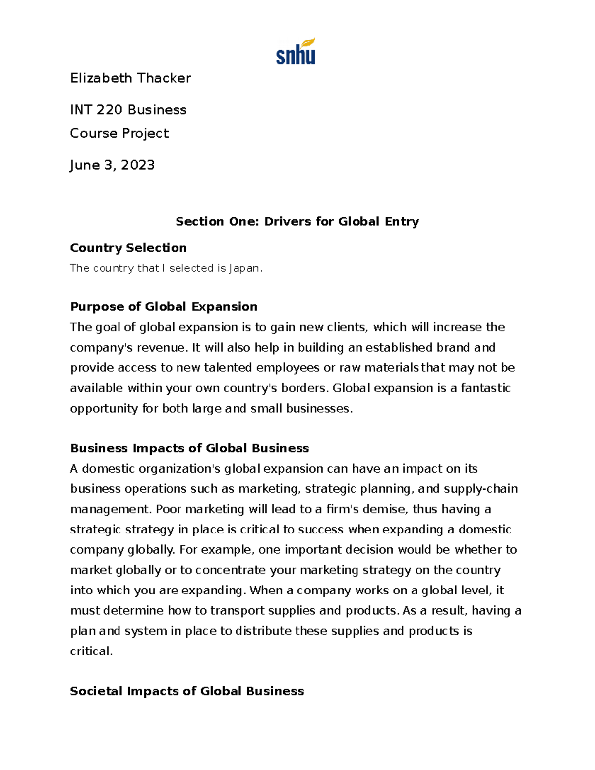 Drivers for Global Entry: Japan as a Country Selection - Studocu