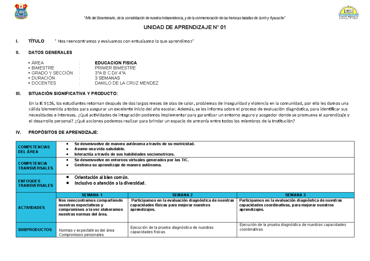 Unidad DE Aprendizaje 1- Ciclo VII-2024 - UNIDAD DE APRENDIZAJE N° 01 I. TÍTULO “ Nos ...