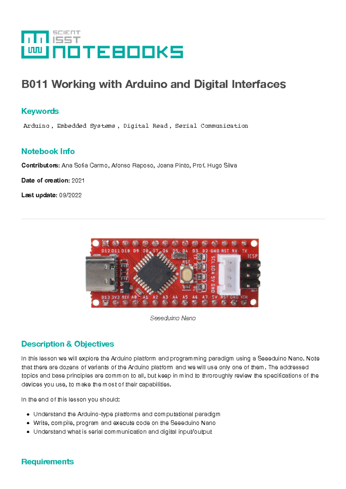 L1. Arduino and Digital Interfaces - B011 Working with Arduino and Digital Interfaces Keywords ...