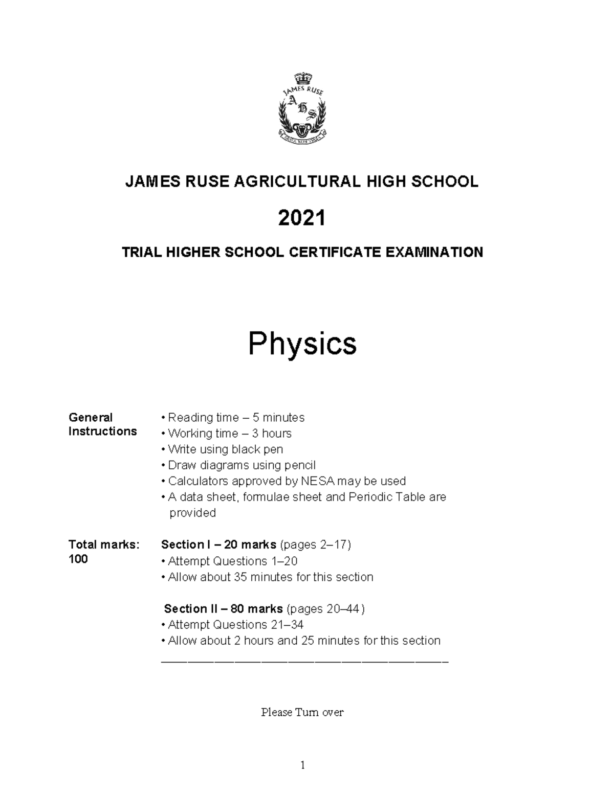 James Ruse 2021 Physics Trials & Solutions - 1 JAMES RUSE AGRICULTURAL ...
