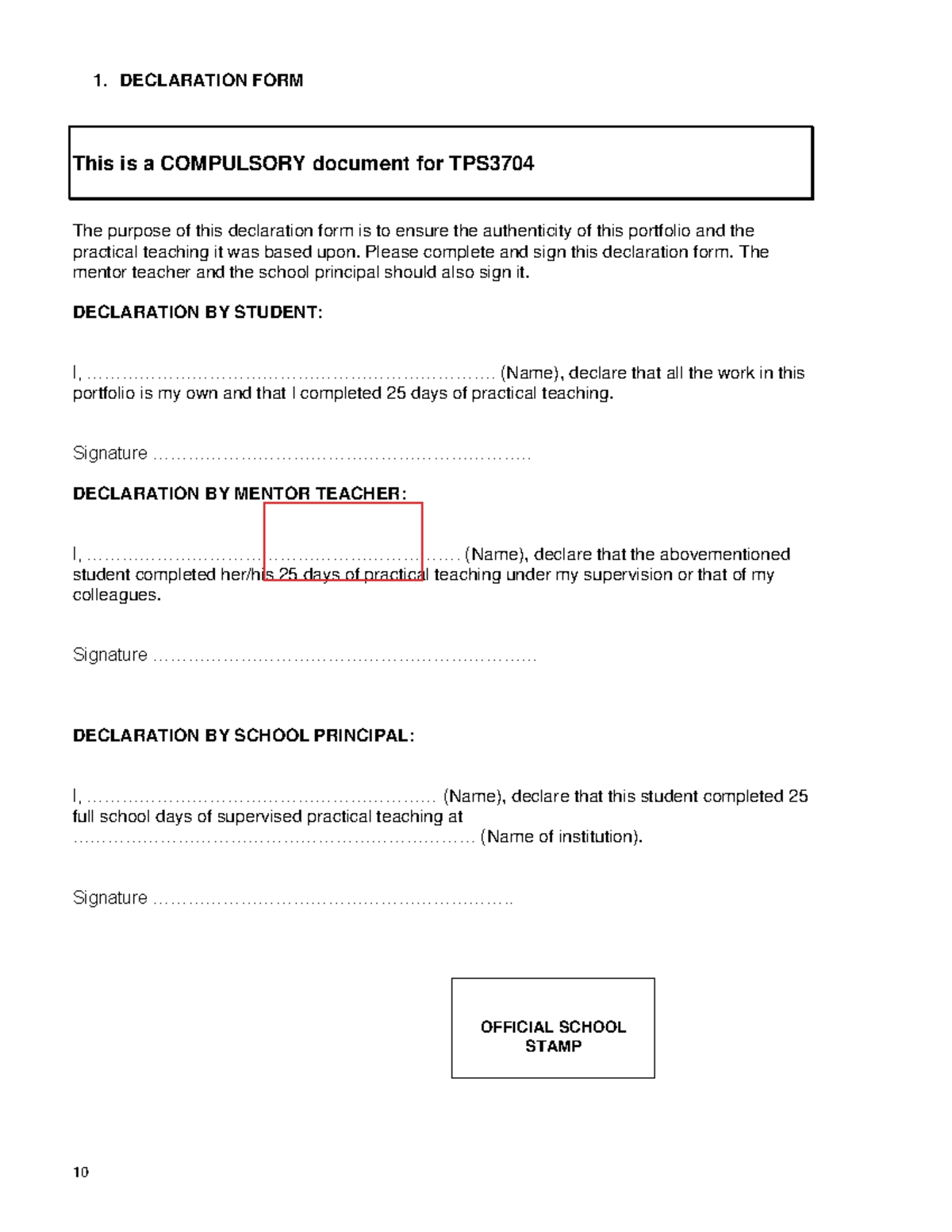 School documents - Helpful with practical forms. - 1. DECLARATION FORM ...