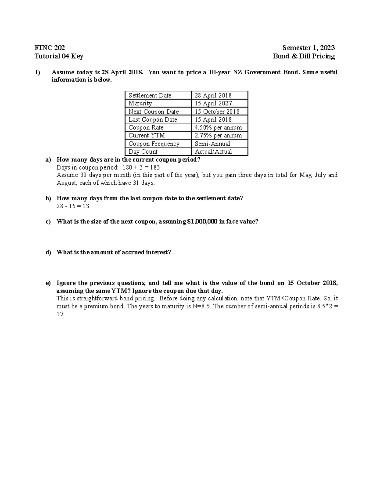 Tutorial 04 Key - FINC 202 Semester 1, 2023 Tutorial 04 Key Bond & Bill ...