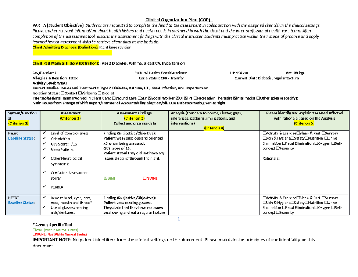 COP Week 5 - weekly cop - Clinical Organization Plan (COP) PART A ...