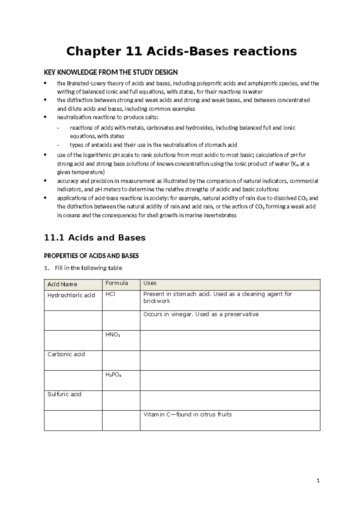 Chapter 11 Acids and Bases - Chapter 11 Acids-Bases reactions KEY ...
