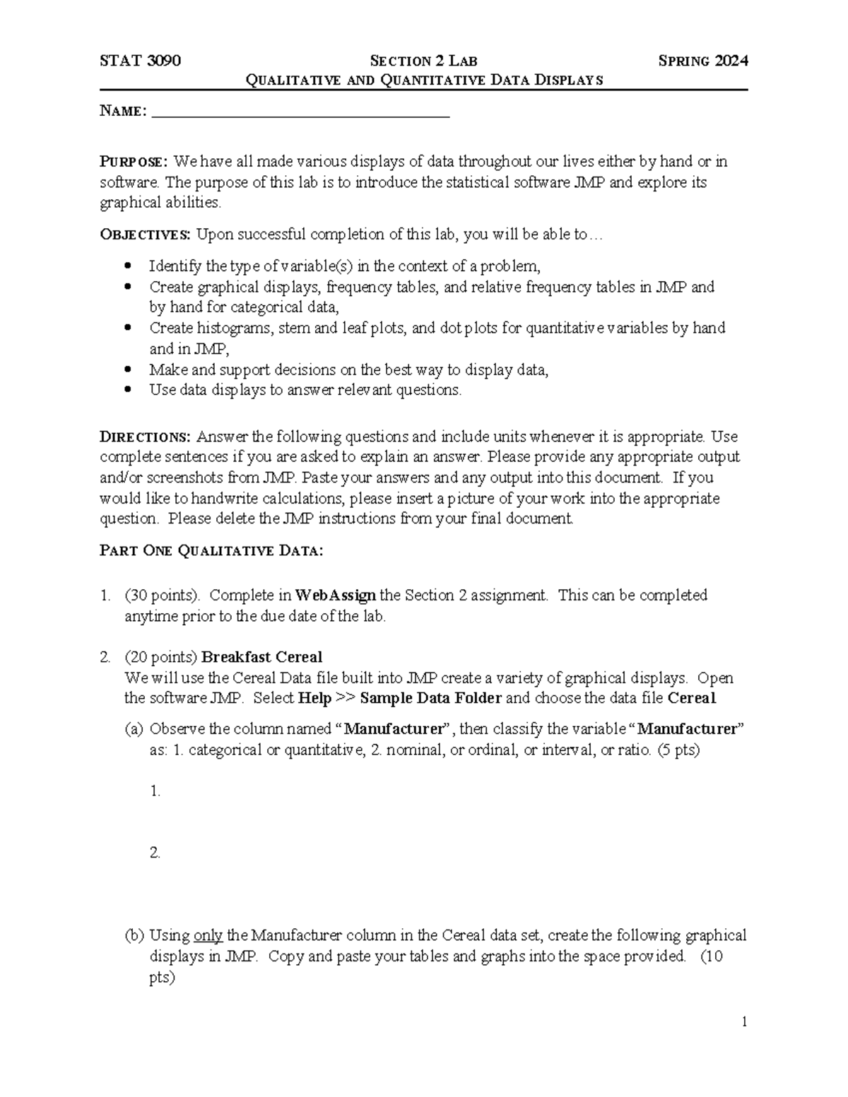 Section 2 Lab document - lab 2 - QUALITATIVE AND QUANTITATIVE DATA DISPLAYS NAME: PURPOSE: We ...
