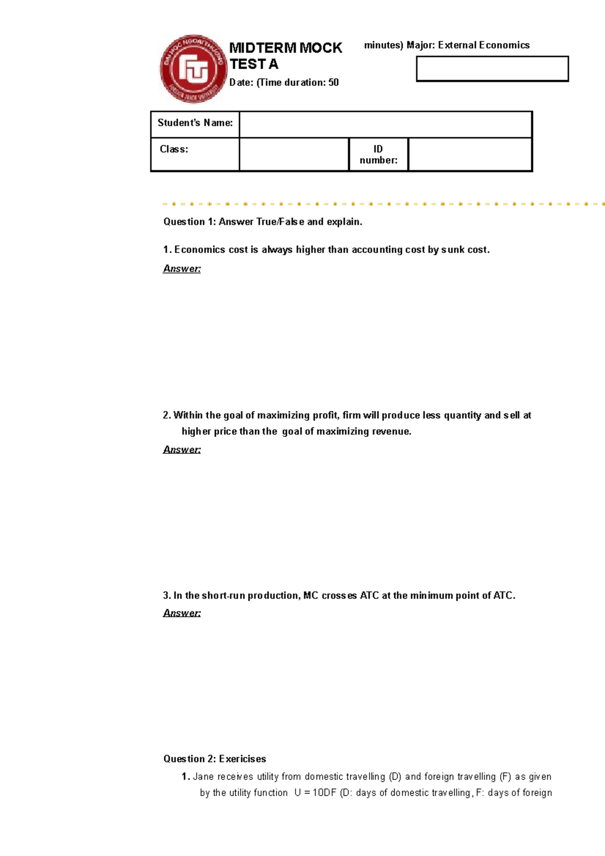 Midterm Mock Test A - Kinh tế học vi mô (microeconomic) hay là kinh tế ...