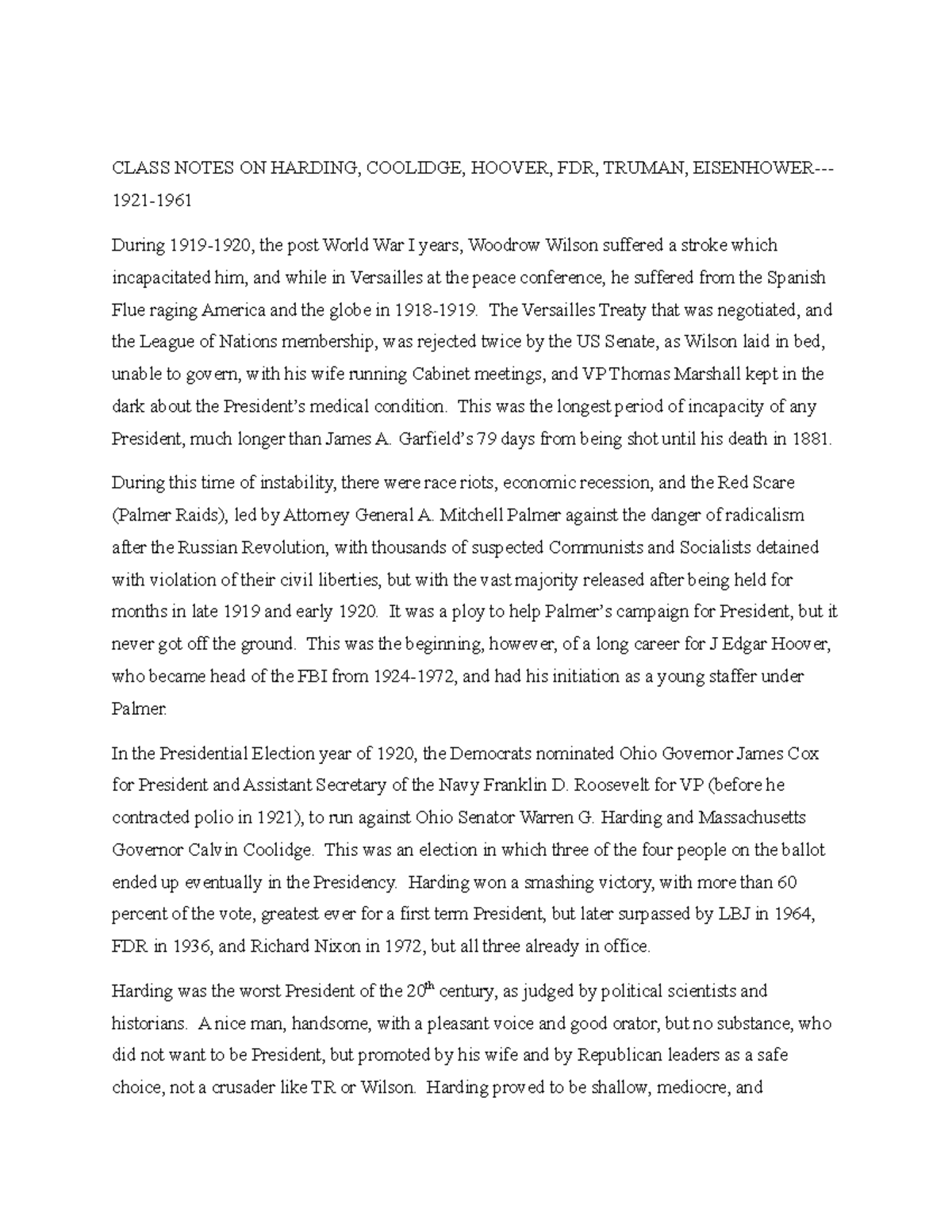 Class Notes ON Harding, Coolidge, Hoover, FDR, Truman Eisenhower-1921 ...