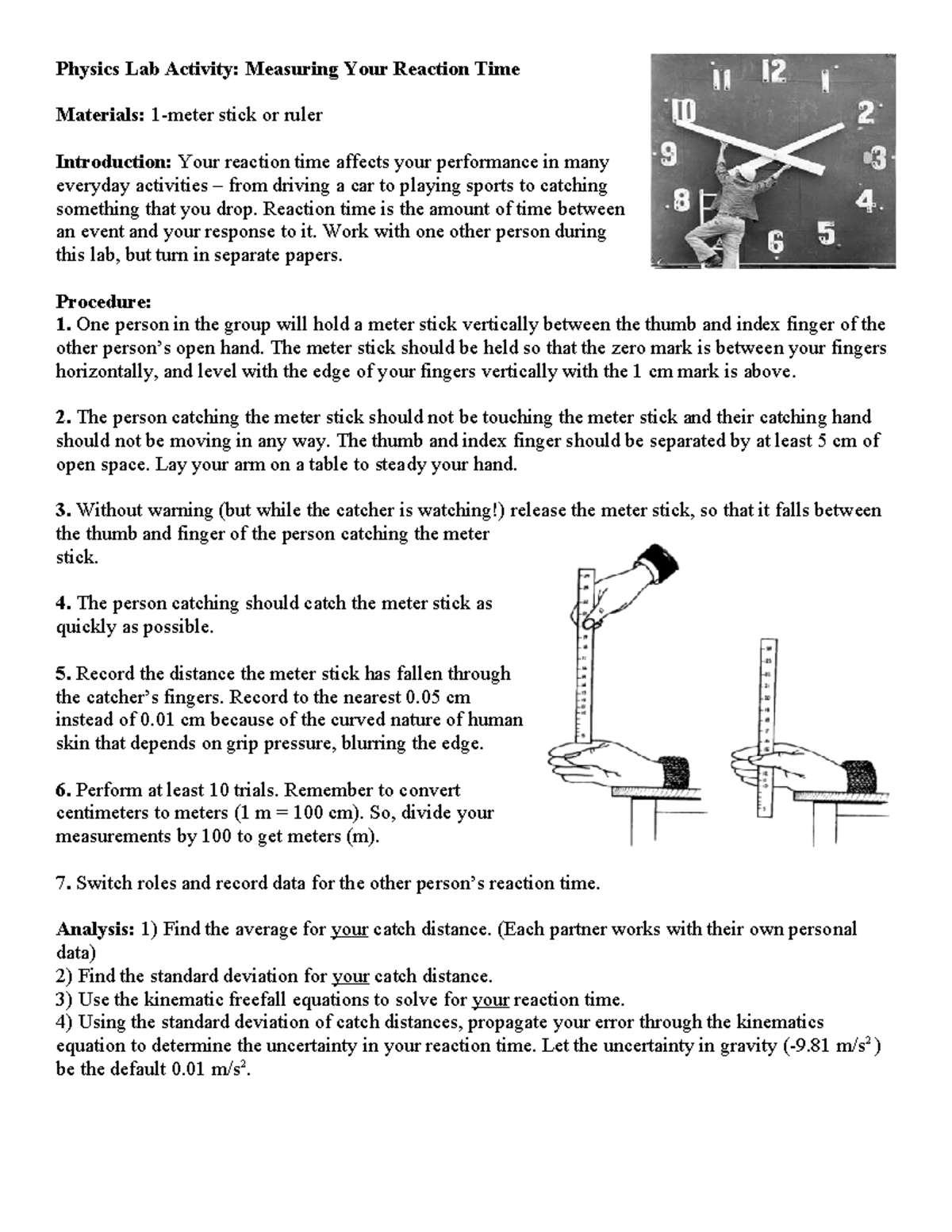 Reaction Time Lab Activity - Physics Lab Activity: Measuring Your ...
