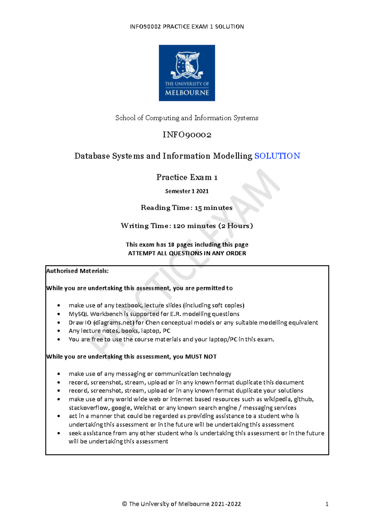 Prac exam 1 - Prac exam 1 - INFO90002 PRACTICE EXAM 1 SOLUTION School of Computing and ...