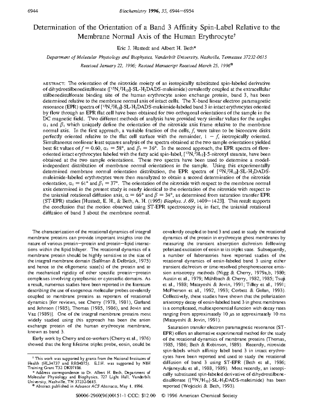 Determination of the Orientation of a Band 3 Affinity Spin-Label ...