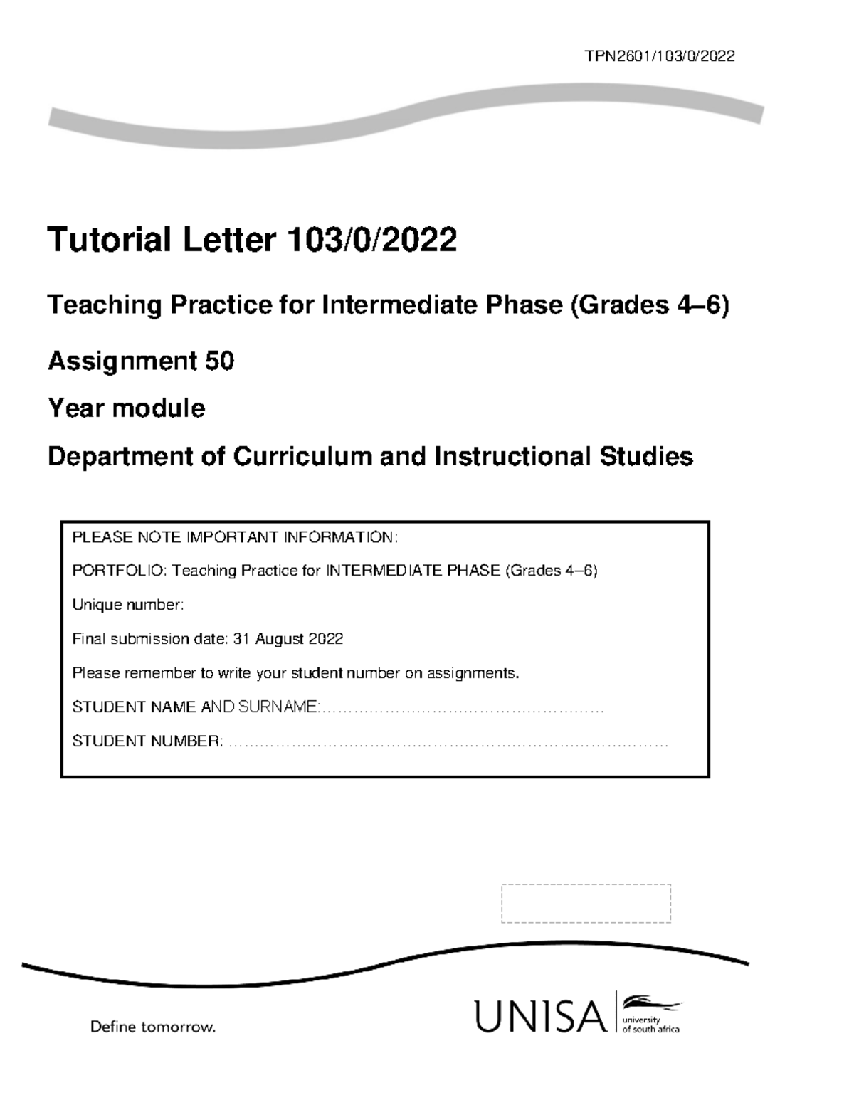 TPN 2601 Portfolio - TPN2601/103/0/ Tutorial Letter 103/0/ Teaching ...