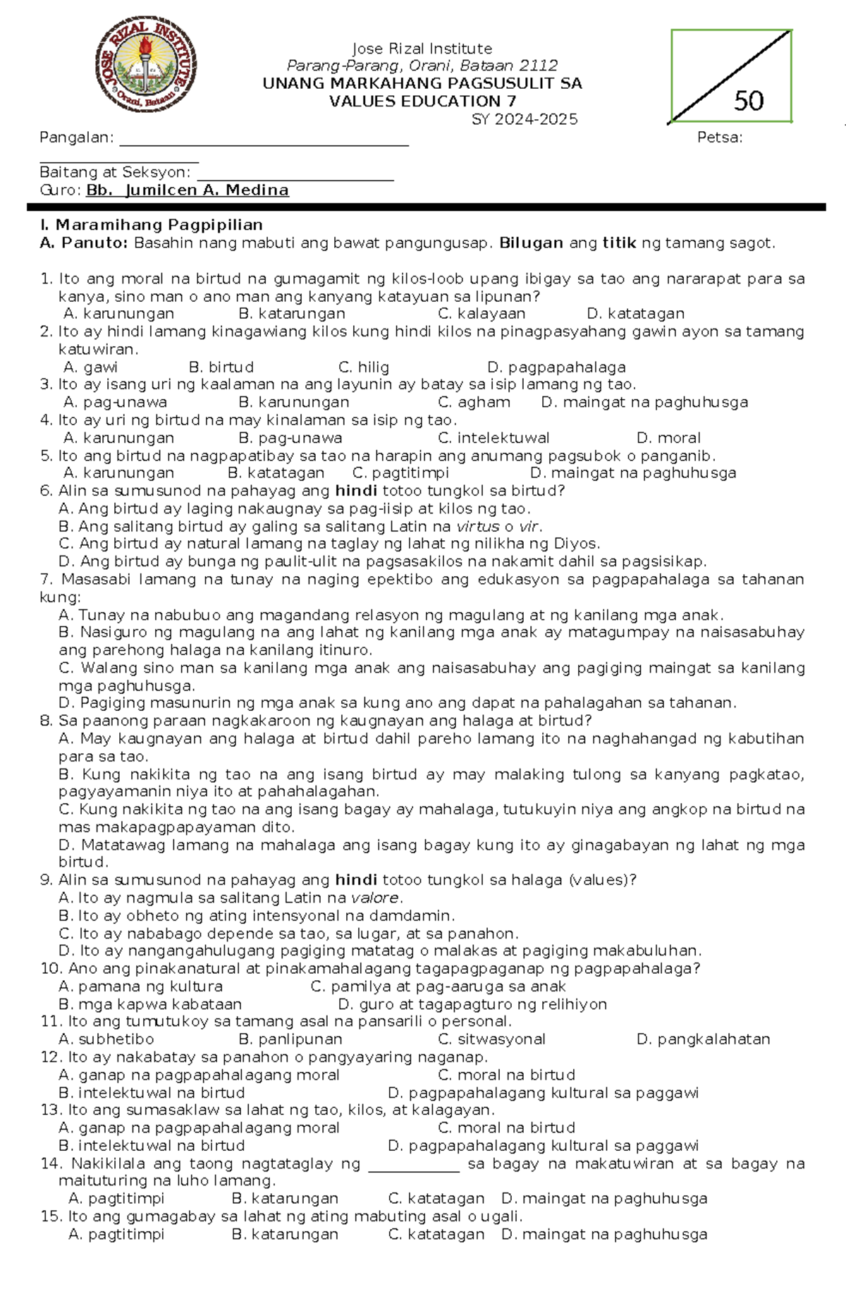 1st-quarter-exam - Values Exam - Jose Rizal Institute Parang-Parang ...