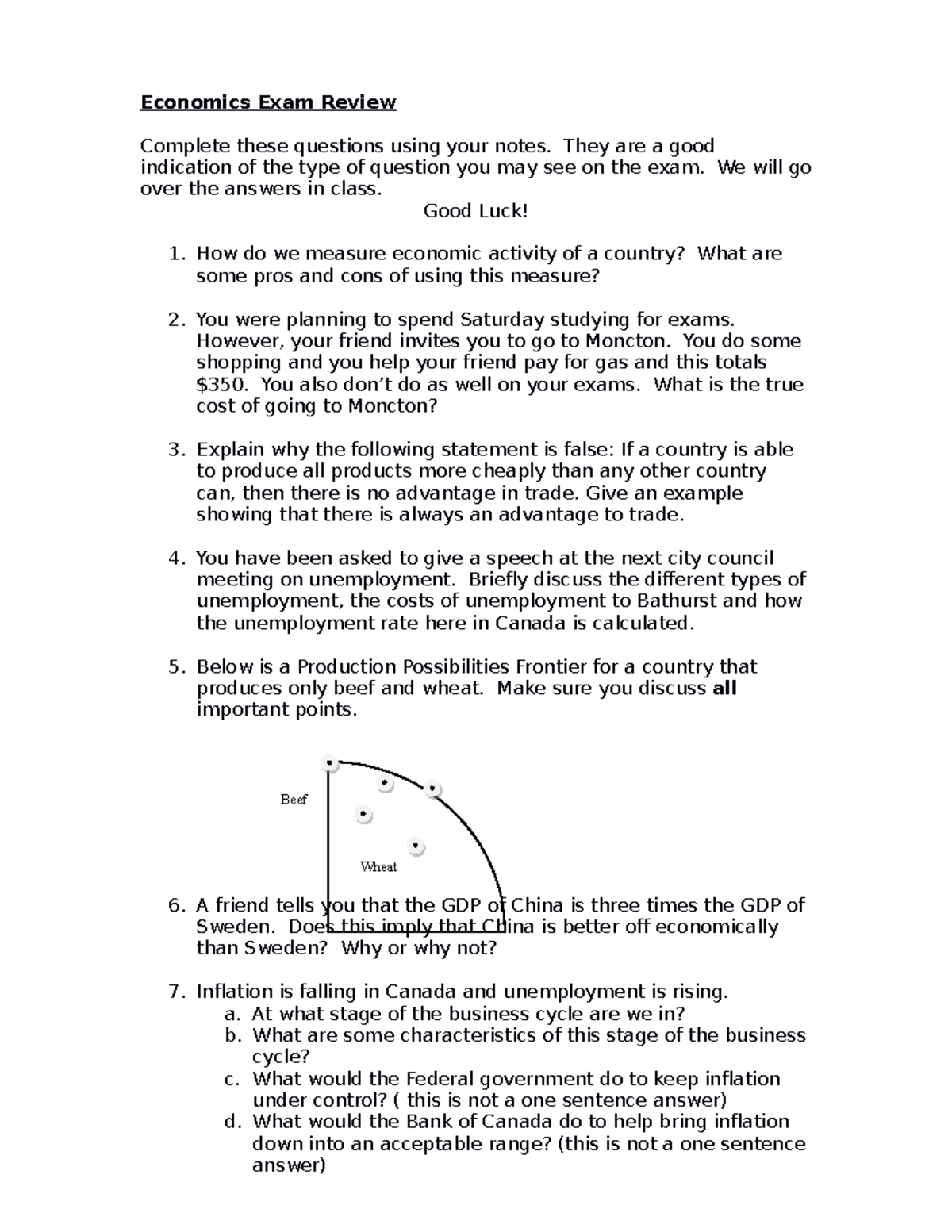 Economics exam my story - Economics Exam Review Complete these ...