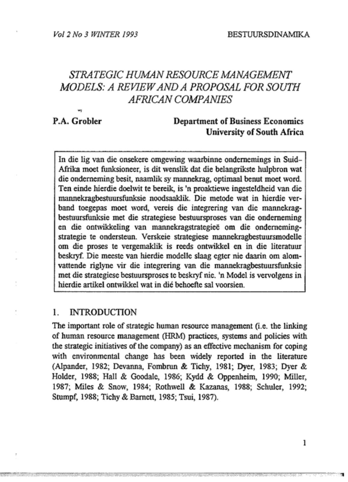 Grobler P A Management Dynamics contemporary research Vol 2 N0 3 Winter 1993 p 1 20 - Vol 2 No 3 ...