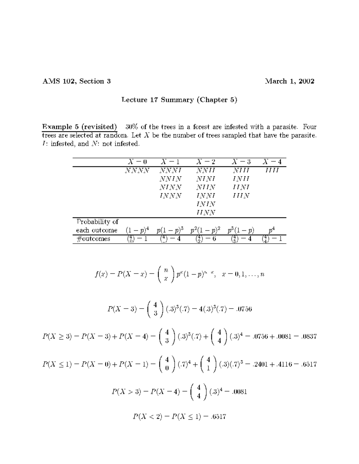 Lecture 17 - Probability Distributions - Binomial Tables - ☎ ☞☛ ☞ - Studocu