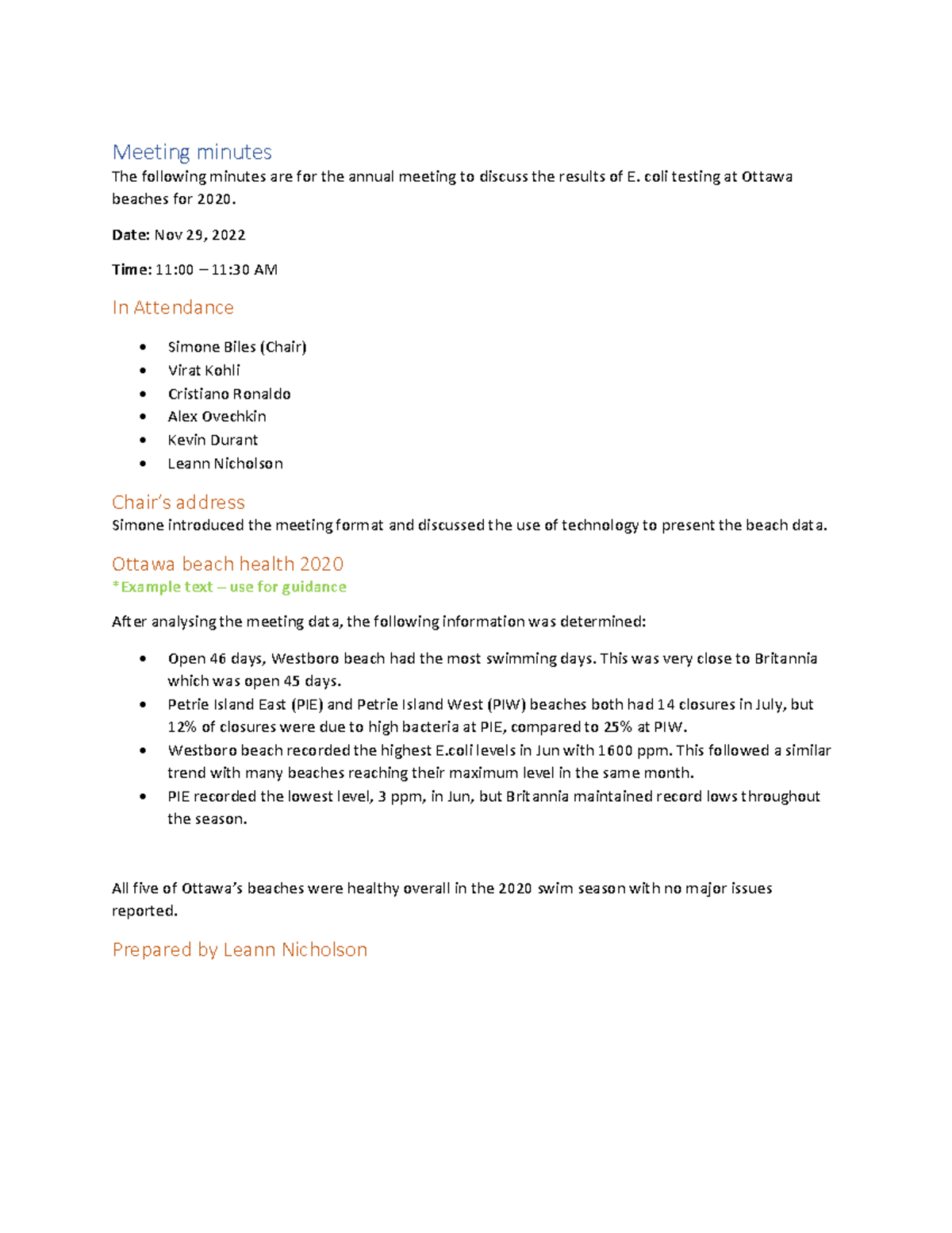 Minutes of Meeting Example 1: Key Takeaways and Action Items - Meeting ...