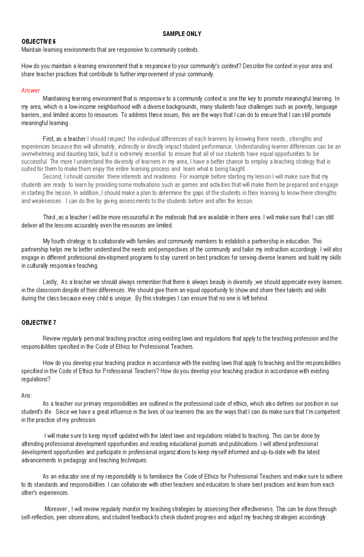 TRF sample - RESEARCH - SAMPLE ONLY OBJECTIVE 6 Maintain learning environments that are ...