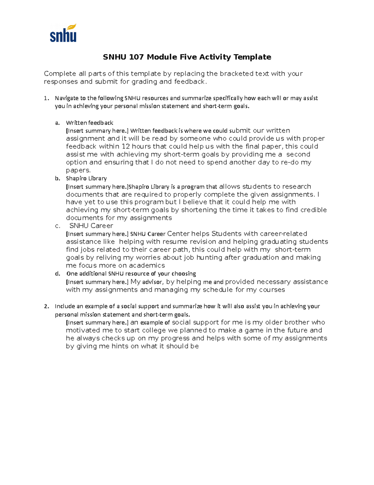 SNHU 107 Module Five Activity Template (2) - Studocu