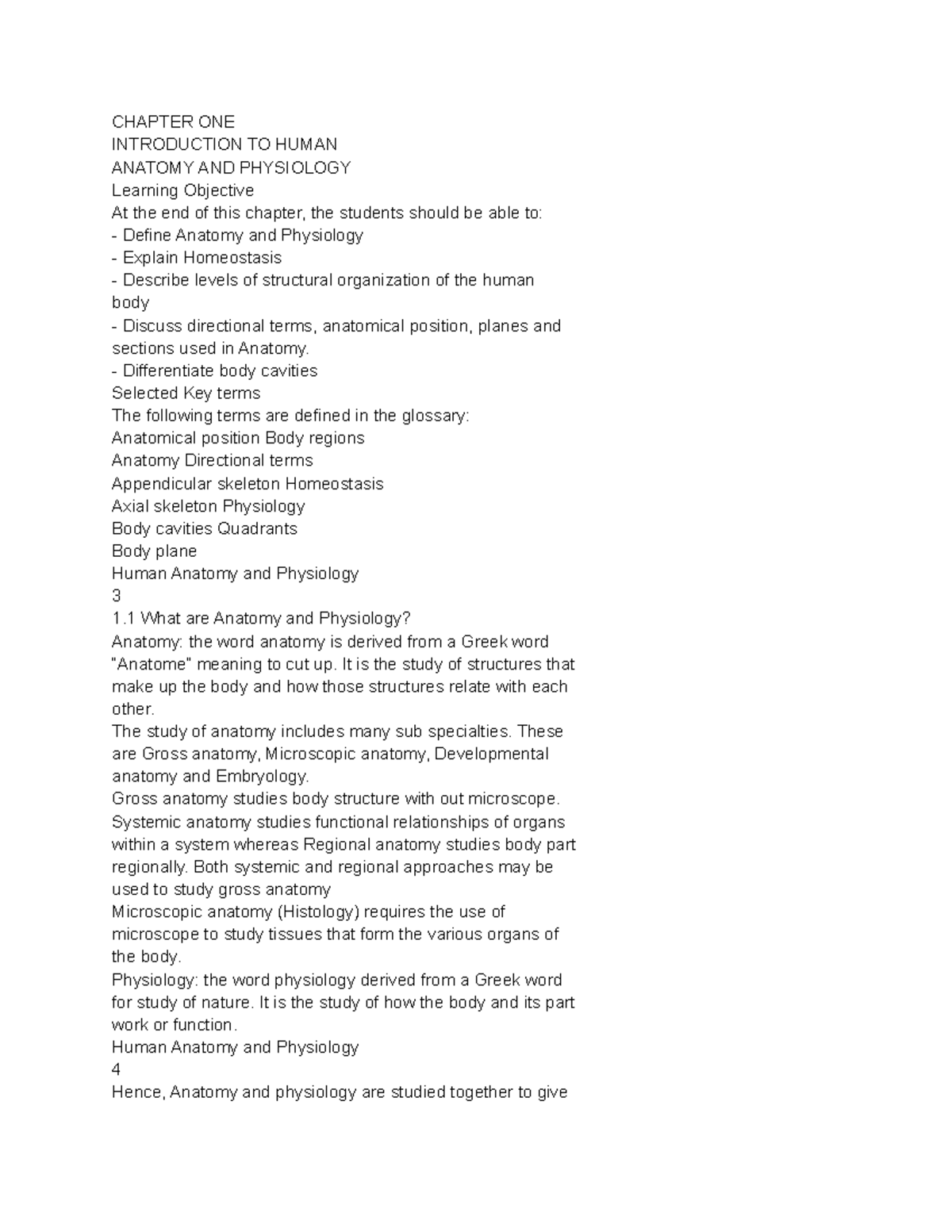 Anatomy notes 1 - CHAPTER ONE INTRODUCTION TO HUMAN ANATOMY AND ...