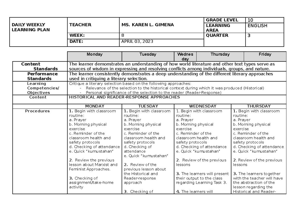 Weekly- Learning-PLAN- Mapeh W8 - DAILY WEEKLY LEARNING PLAN TEACHER MS ...