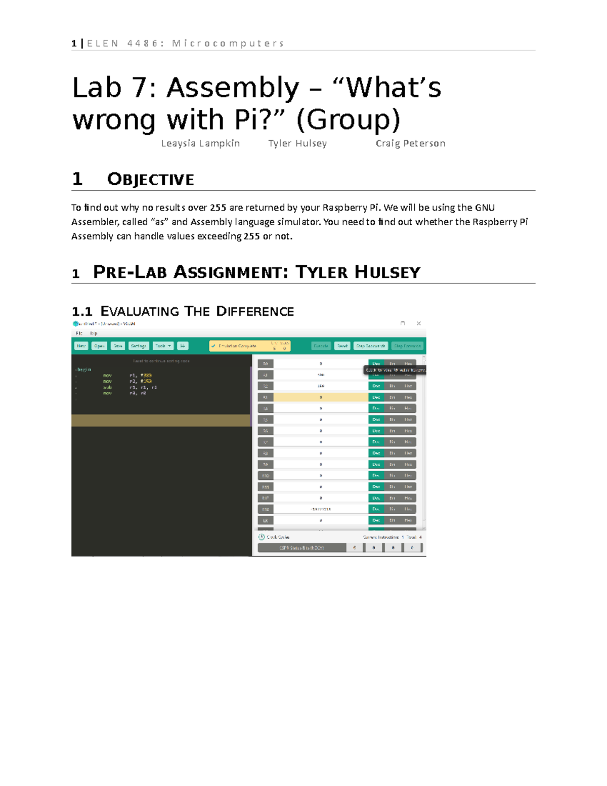 Lab 7 Assembly - Lab 7: Assembly – “What’s wrong with Pi?” (Group) Leaysia Lampkin Tyler Hulsey ...