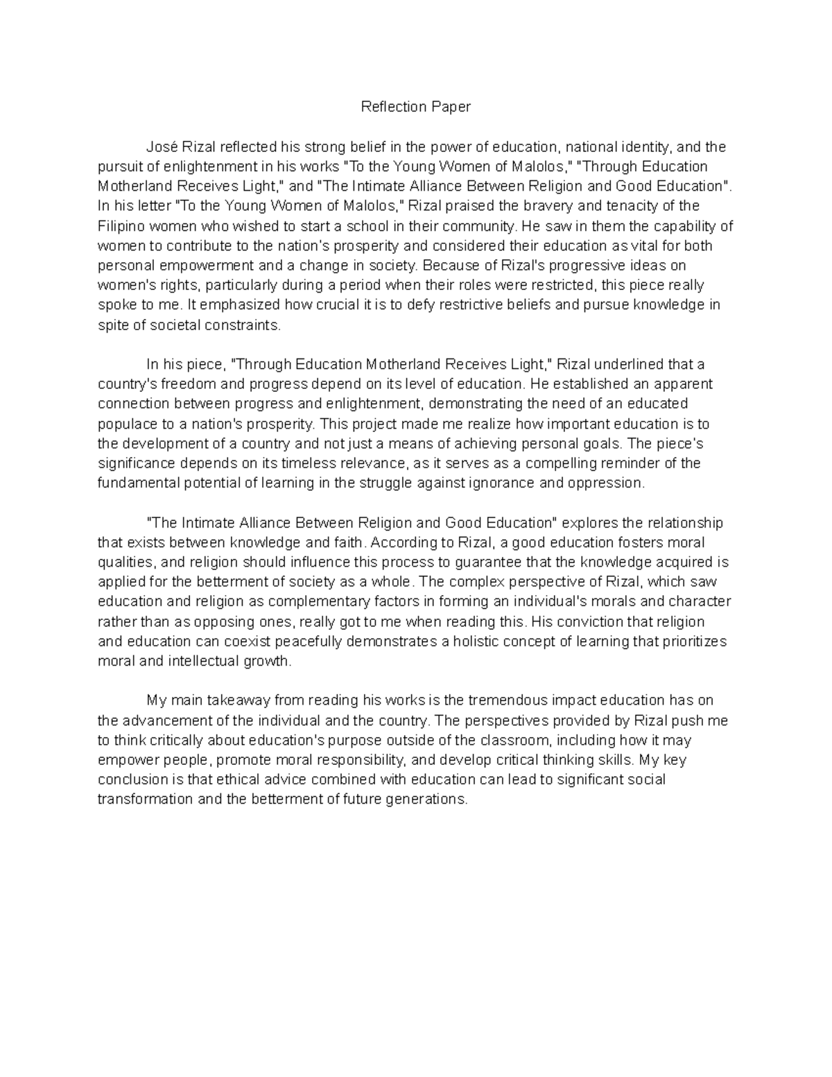 Rizal Reflection Paper - Reflection Paper José Rizal reflected his ...