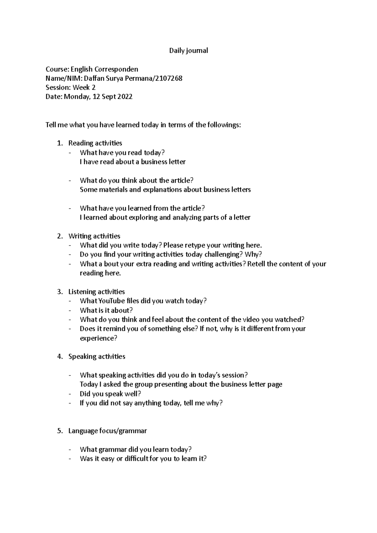 Daily journal at English Course to reflect student's understanding ...