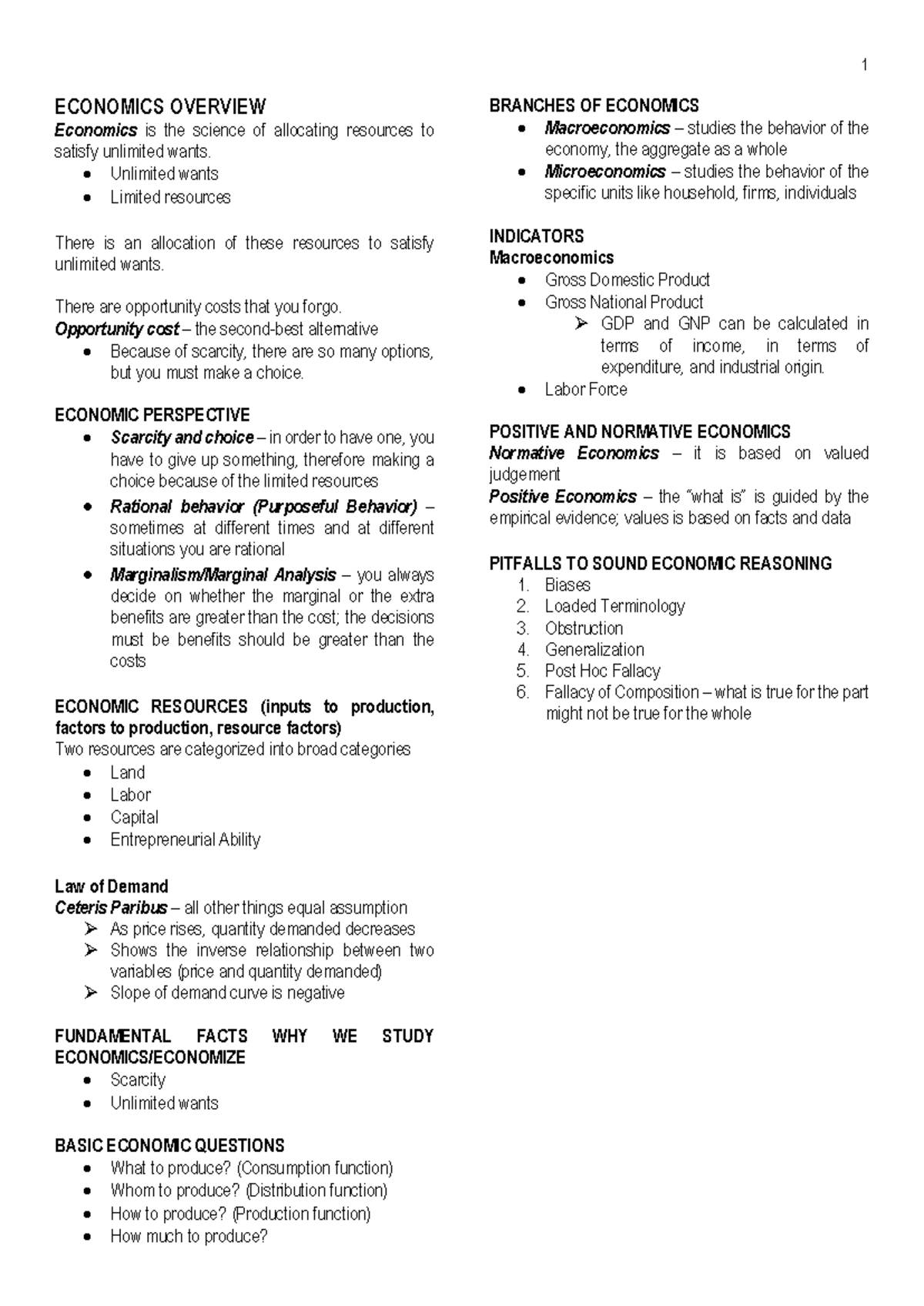 Economics- Notes - useful - ECONOMICS OVERVIEW Economics is the science ...