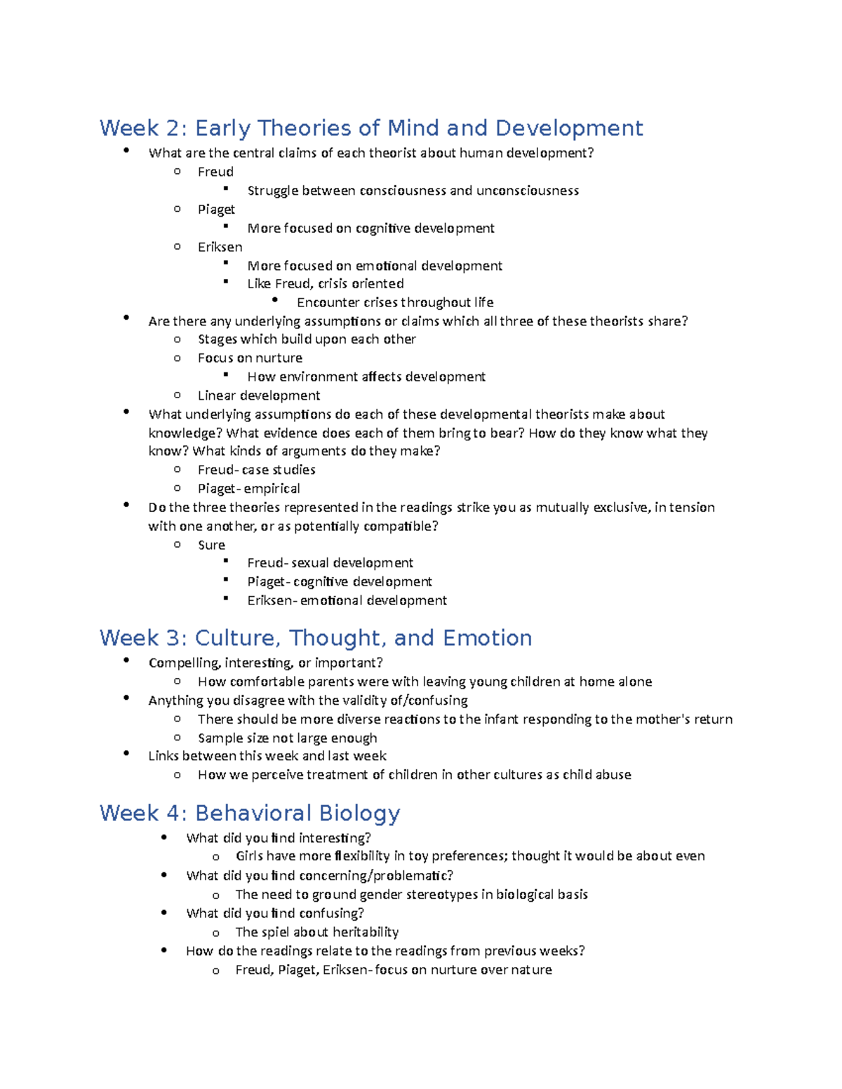 Intro to CHD Discussion Notes - Week 2: Early Theories of Mind and ...