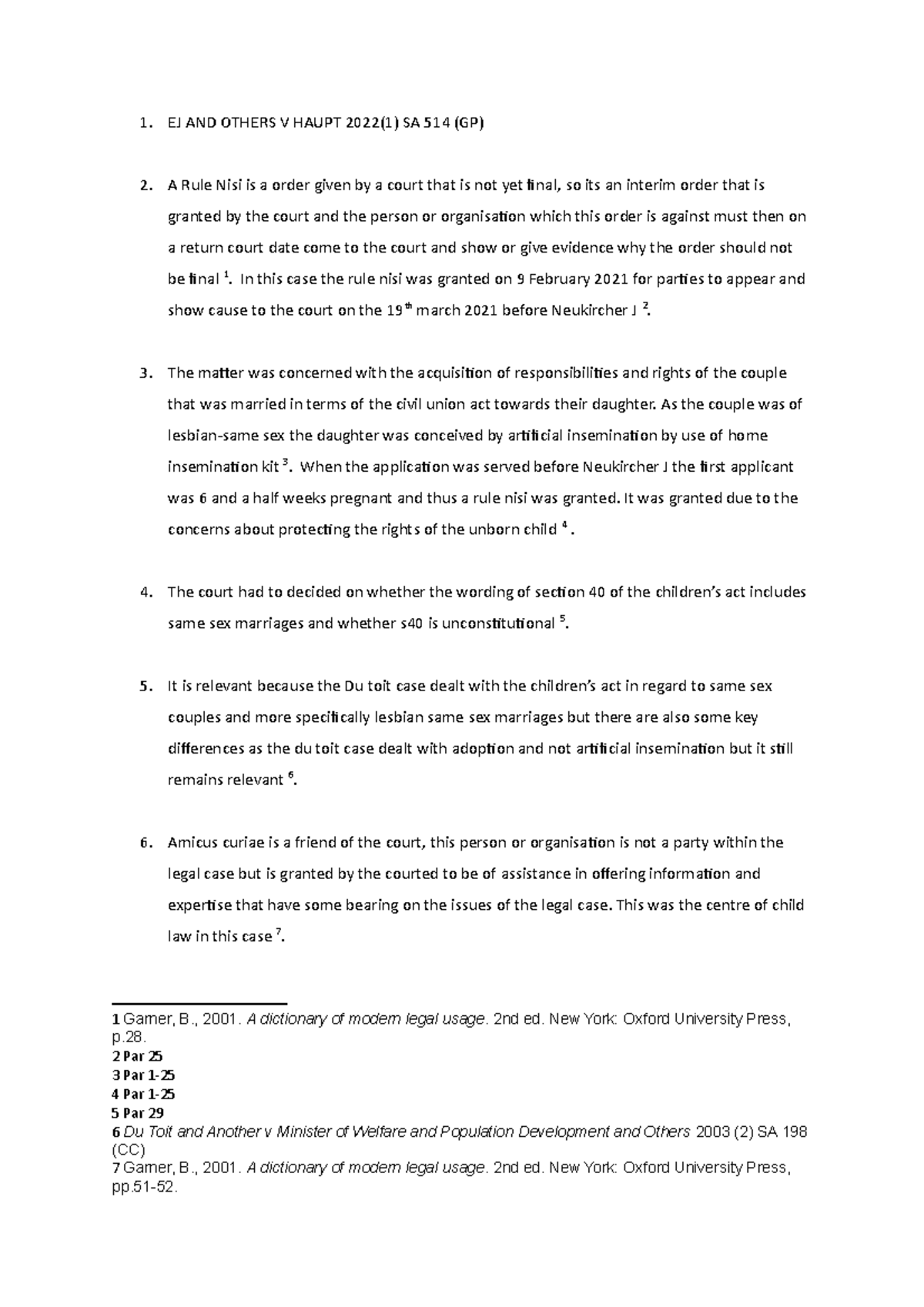 Family law case analysis - 1. EJ AND OTHERS V HAUPT 2022(1) SA 514 (GP ...