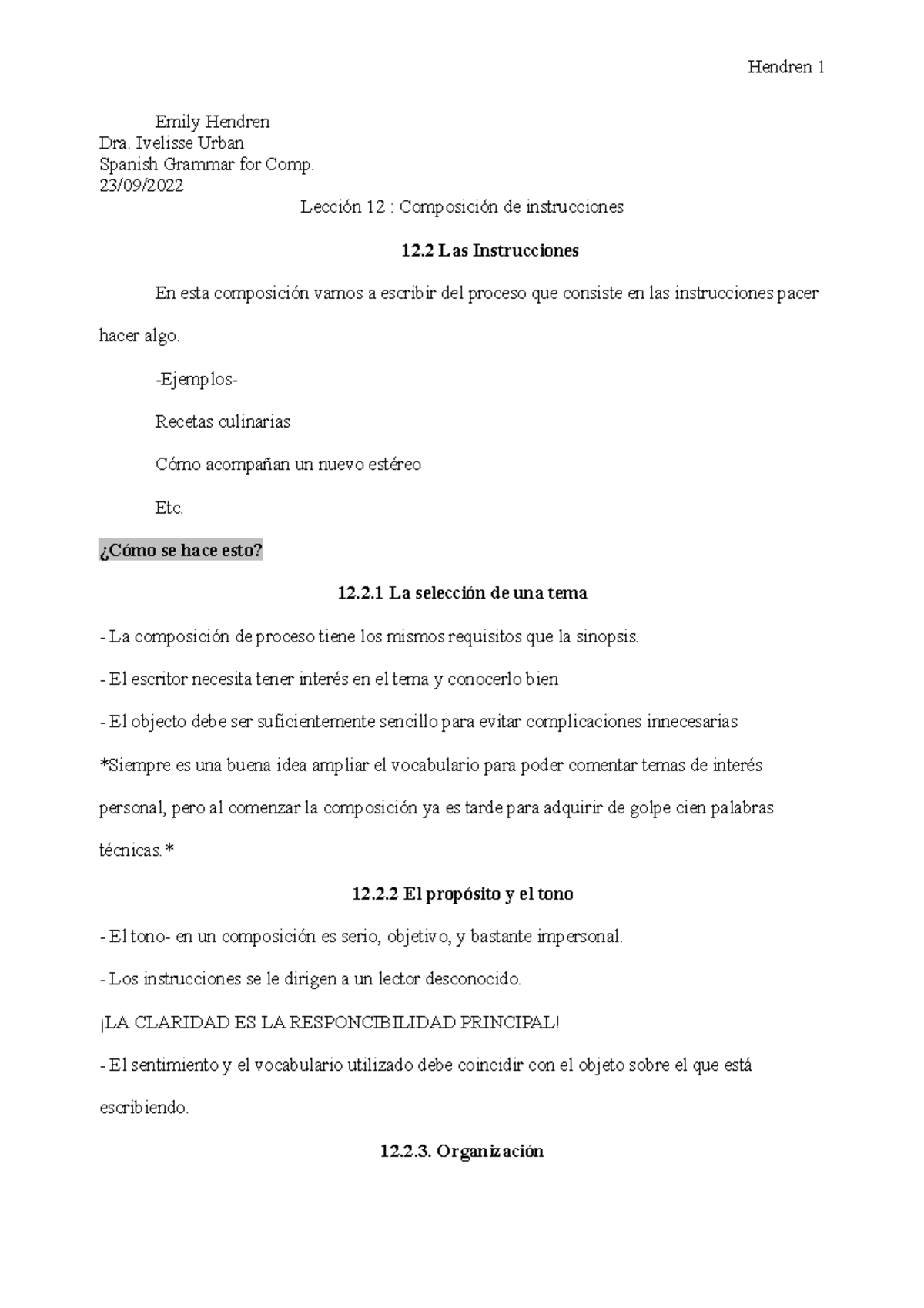 Lección 12 - Composición de instrucciones - Hendren 1 Emily Hendren Dra ...