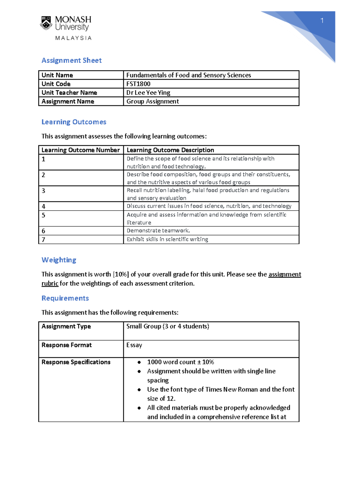 Group Assignment 1 - 1 Assignment Sheet Unit Name Fundamentals of Food ...