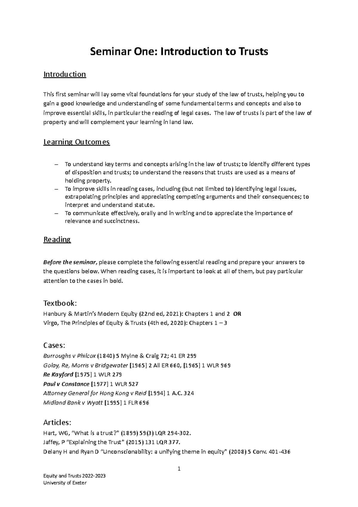 Seminar 1 - Introduction 22-23 - Seminar One: Introduction to Trusts ...