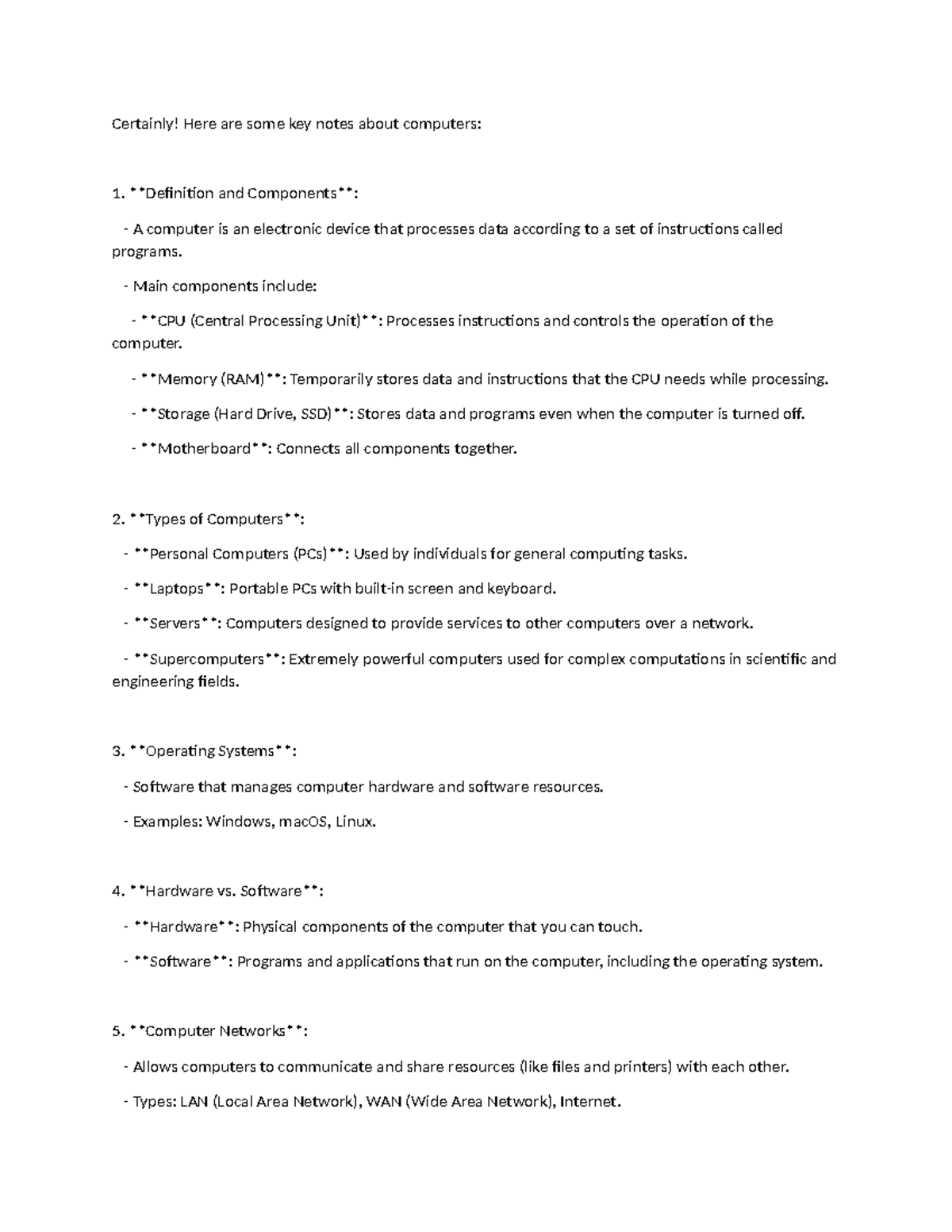 Notes ON Computer History AND Functions - Certainly! Here are some key ...