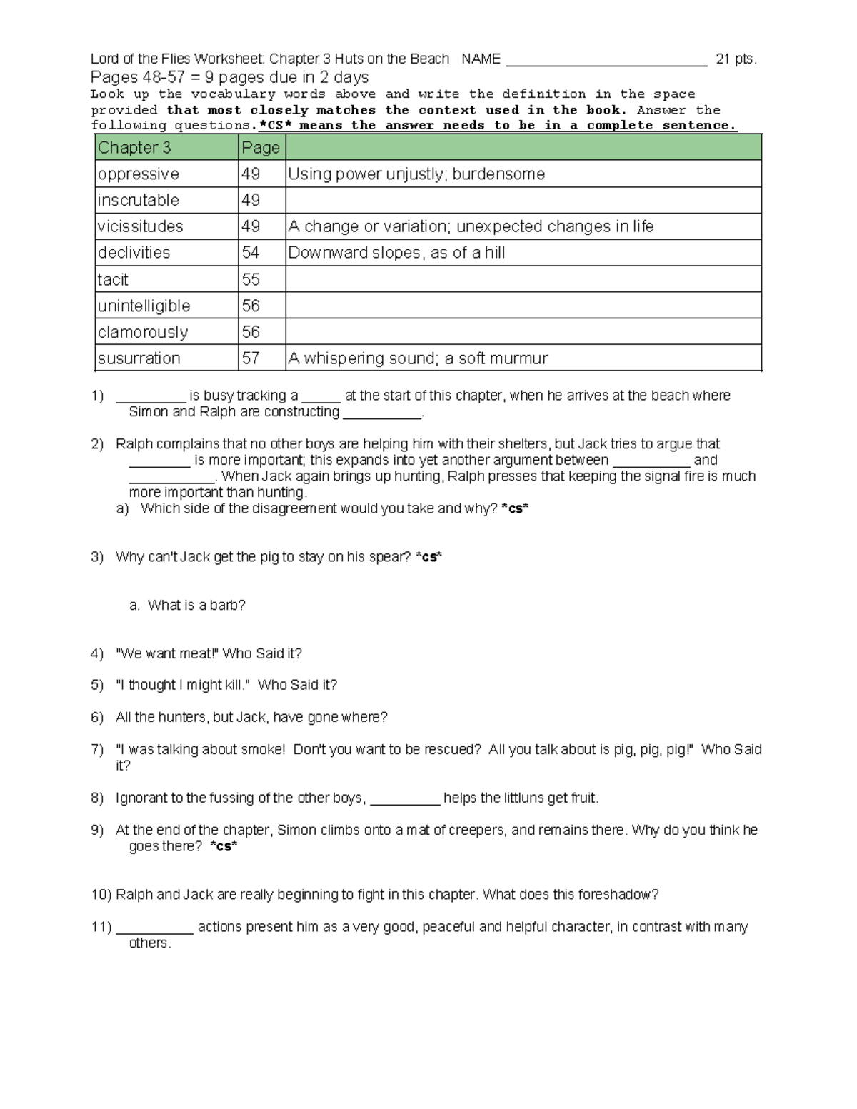 Chapter 3 - jsndj - Lord of the Flies Worksheet: Chapter 3 Huts on the ...