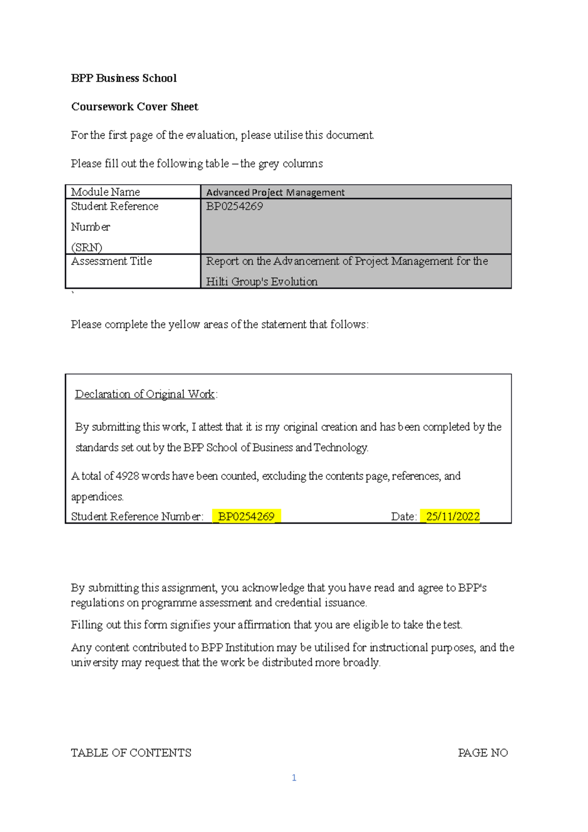 ADV Project Management - BPP Business School Coursework Cover Sheet For the first page of the ...