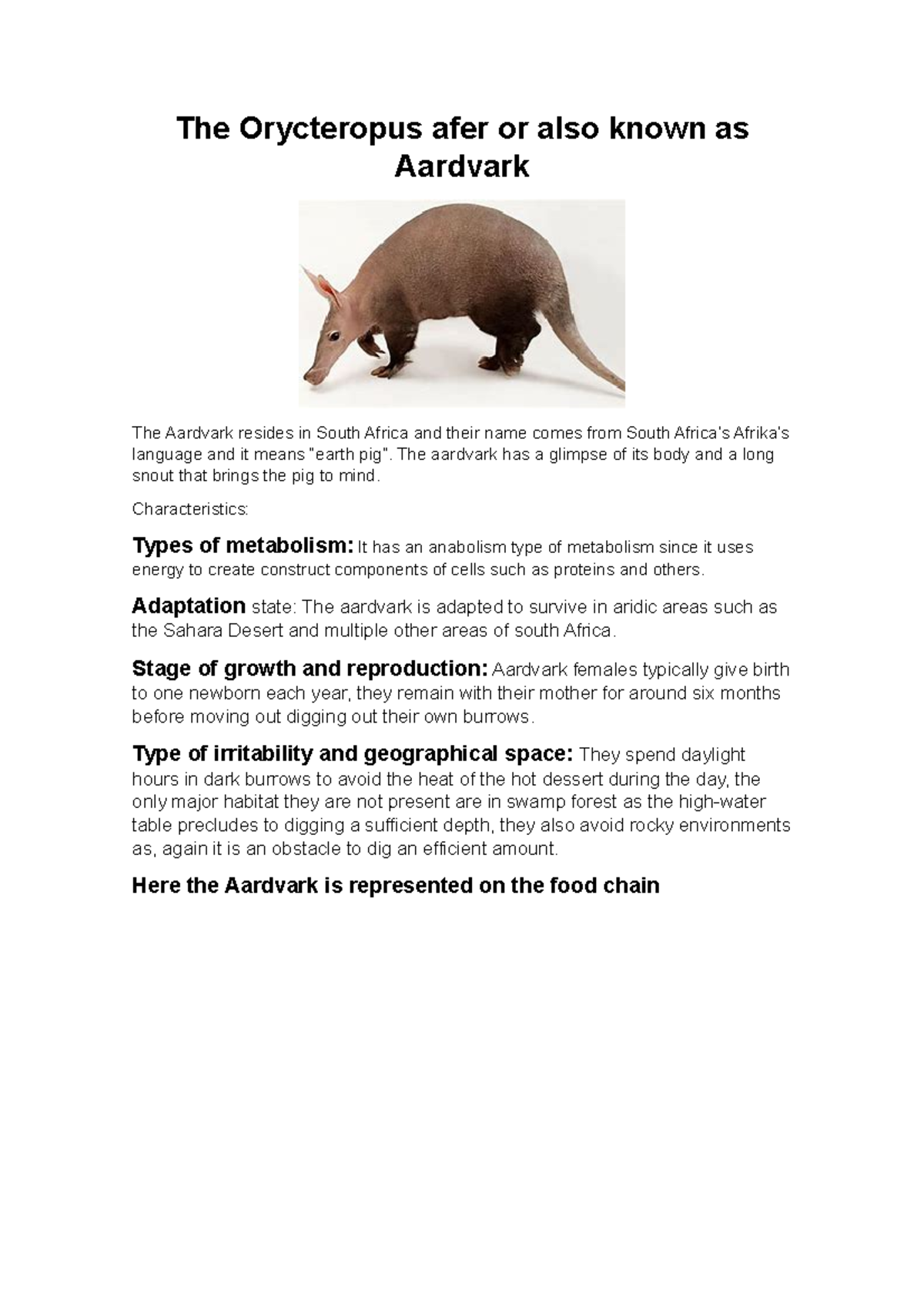 Evidence 1 Life science - The Orycteropus afer or also known as ...