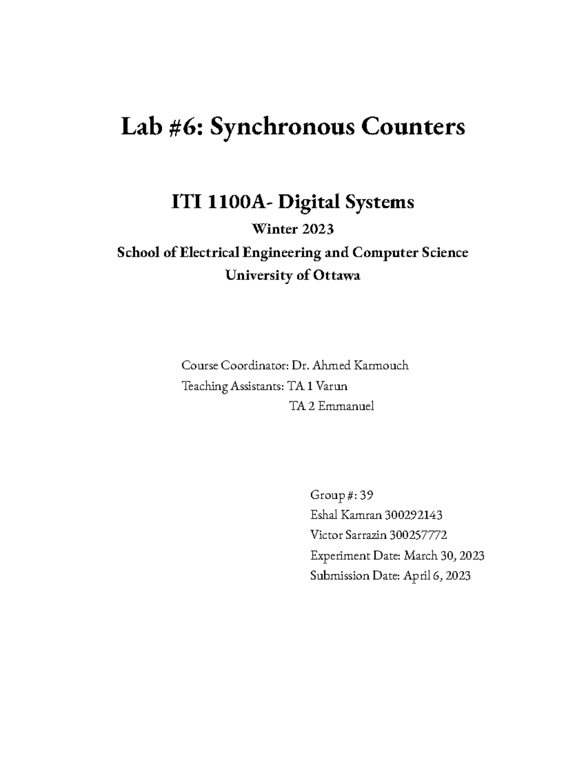 Lab 6 Lab 6 Lab 6 Synchronous Counters Iti 1100a Digital Systems Winter 2023 School Of